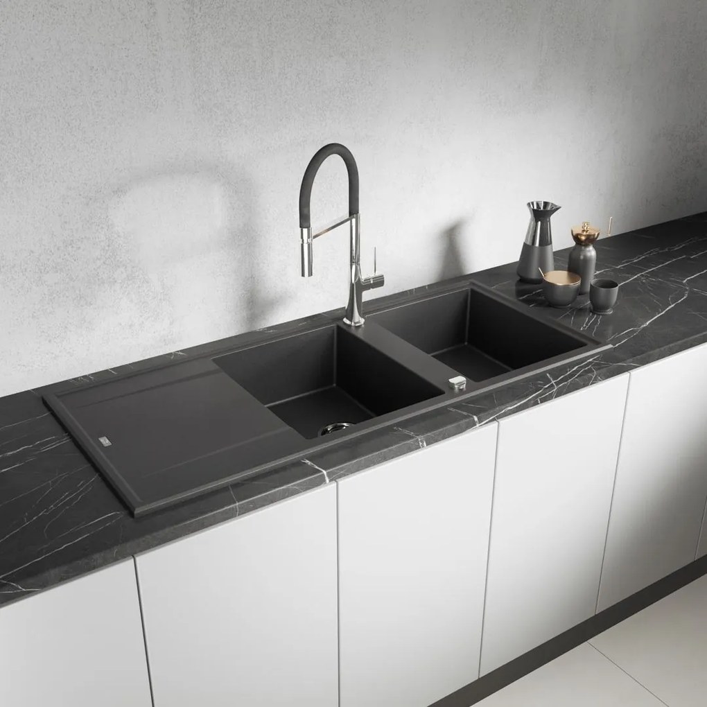Laveo Megalo, 2-komorový granitový dřez 1160x500x185 mm s dlouhým odkapávačem, černá, LAV-SBE_721T