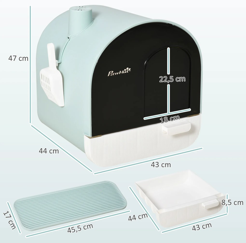 PawHut toaleta s krytem Toaleta pro kočky do 5 kg, s víkem, podložka pro kočky, plast, zelená, 43x44x47cm| Aosom