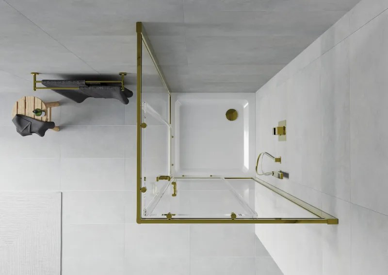Mexen Rio, čtvercový sprchový kout s posuvnými dveřmi 70 (dveře) x 70 (dveře) x 190 cm, 5mm čiré sklo, zlatý profil + sprchová vanička SLIM se zlatým sifonem, 860-070-070-50-00-4010G
