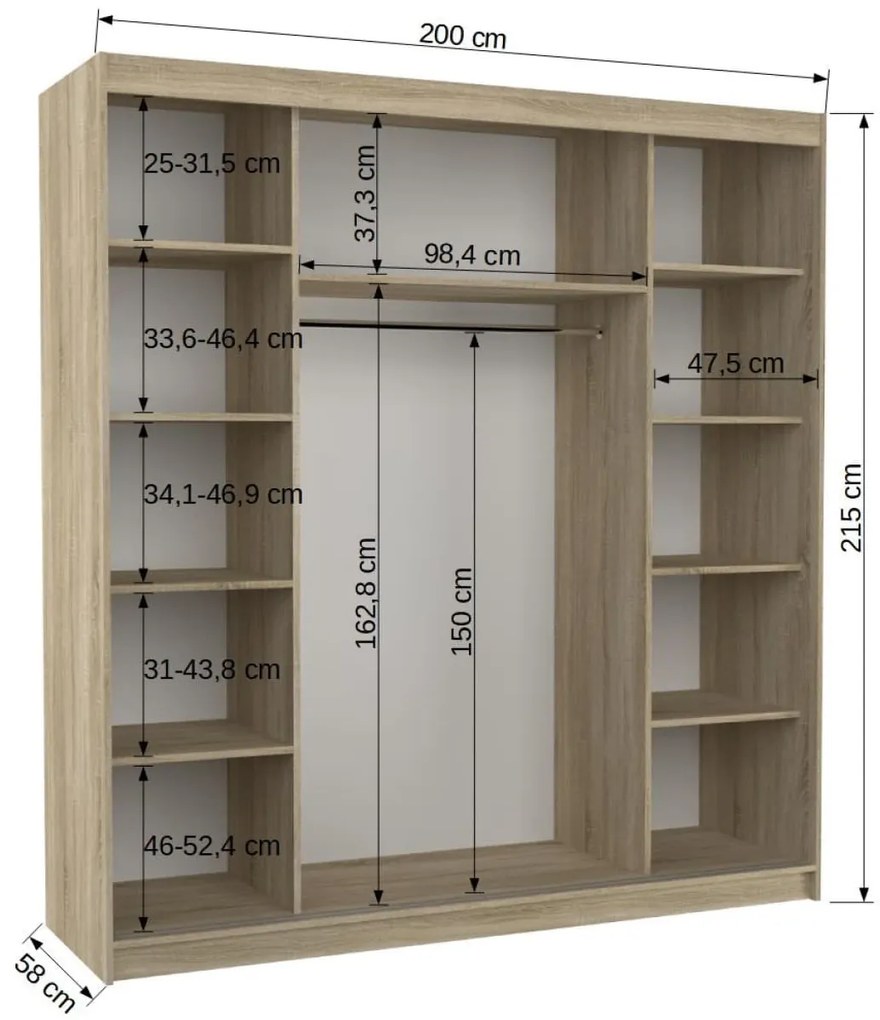 Šatní skříň s posuvnými dveřmi Dalmatia - 200 cm Barva: Bílá/Černá