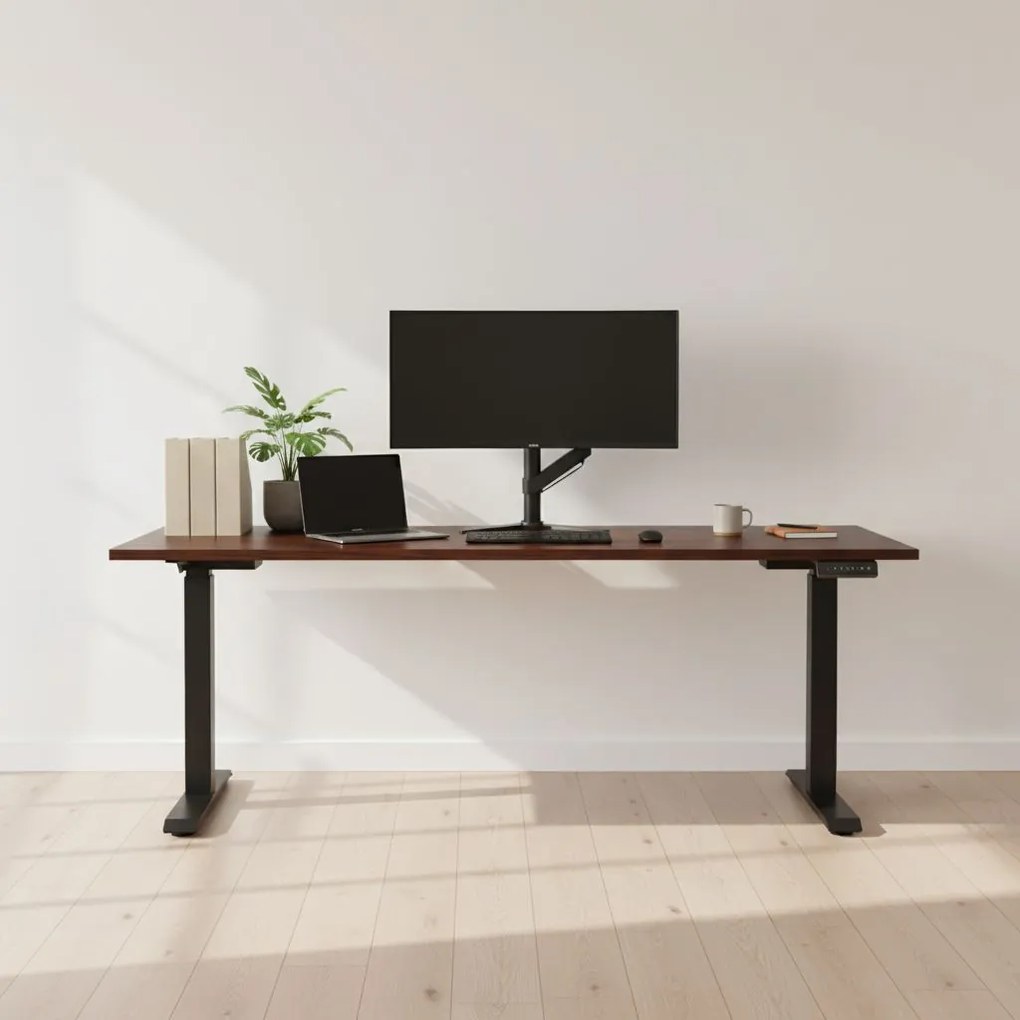 Výškově nastavitelný stůl OfficeTech D, 200 x 80 cm, černá podnož, wenge