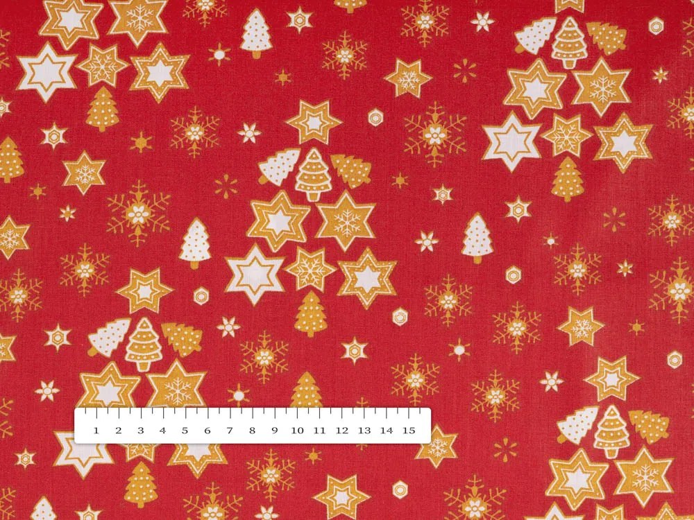 Biante Vánoční bavlněný běhoun na stůl Sandra SA-408 Hvězdičky a stromky na červeném 20x180 cm
