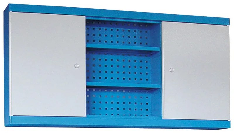B2B Partner Závěsná skříňka do dílny GÜDE, 600 x 1190 x 200 mm, 2 dveře + perforovaný panel na nářadí, 6 polic, modrá