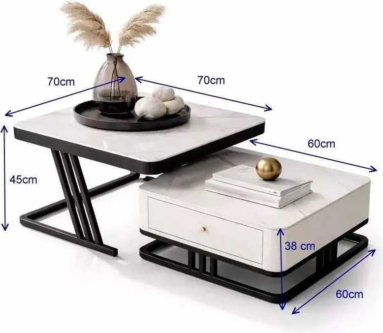 LuxuryForm DESIGN Konferenční stolek TITAN 70 × 70 / 60 × 60 cm – bílý, bílý mramor (set 2 ks)