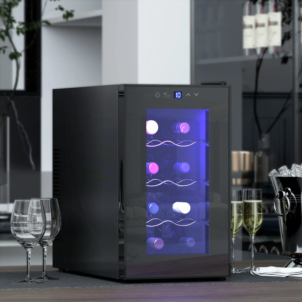 HOMCOM Vinotéka pro 8 lahví, 21 l, termoelektrická, nastavitelné police, LED osvětlení, černá