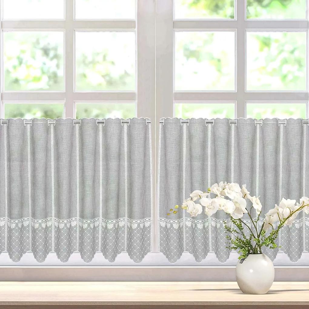 Forbyt Vitrážová záclona polyesterový batist, přírodní vzhled FLORENCE 27046, vyšívaná mřížka, s bordurou, šedá, výška 40cm (v metráži)