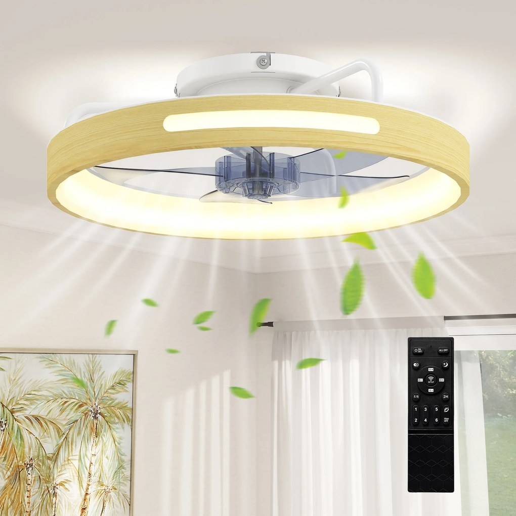 HOMCOM 49 cm LED stropní ventilátor se světlem, 40 W, reverzní DC motor, tichý chod, dálkové ovládání, 6 rychlostí, 3 teploty světla, časovač — přírod