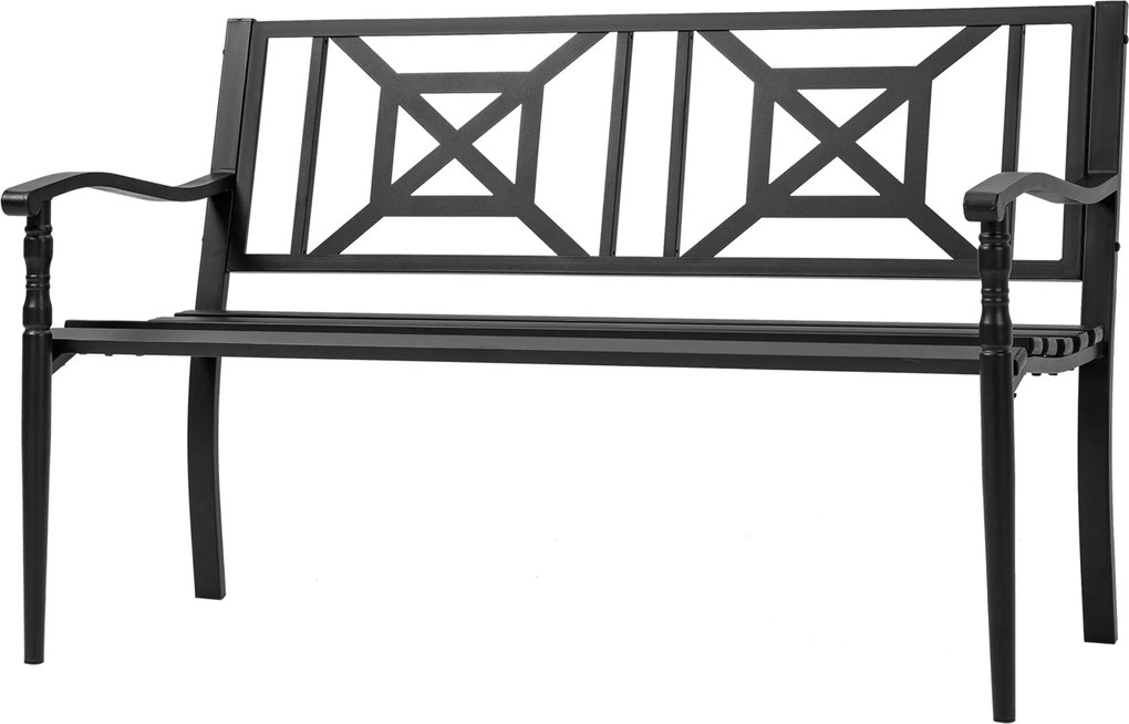 Outsunny Dvou místná zahradní lavice z oceli s područkami a dekorativním opěradlem pro terasu, balkon, patio, nosnost 240 kg, 128x62,5x81,5 cm, černá
