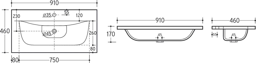 Comad Nábytkové keramické umyvadlo SKY 90/DP, 91x46 cm, bílá lesklá