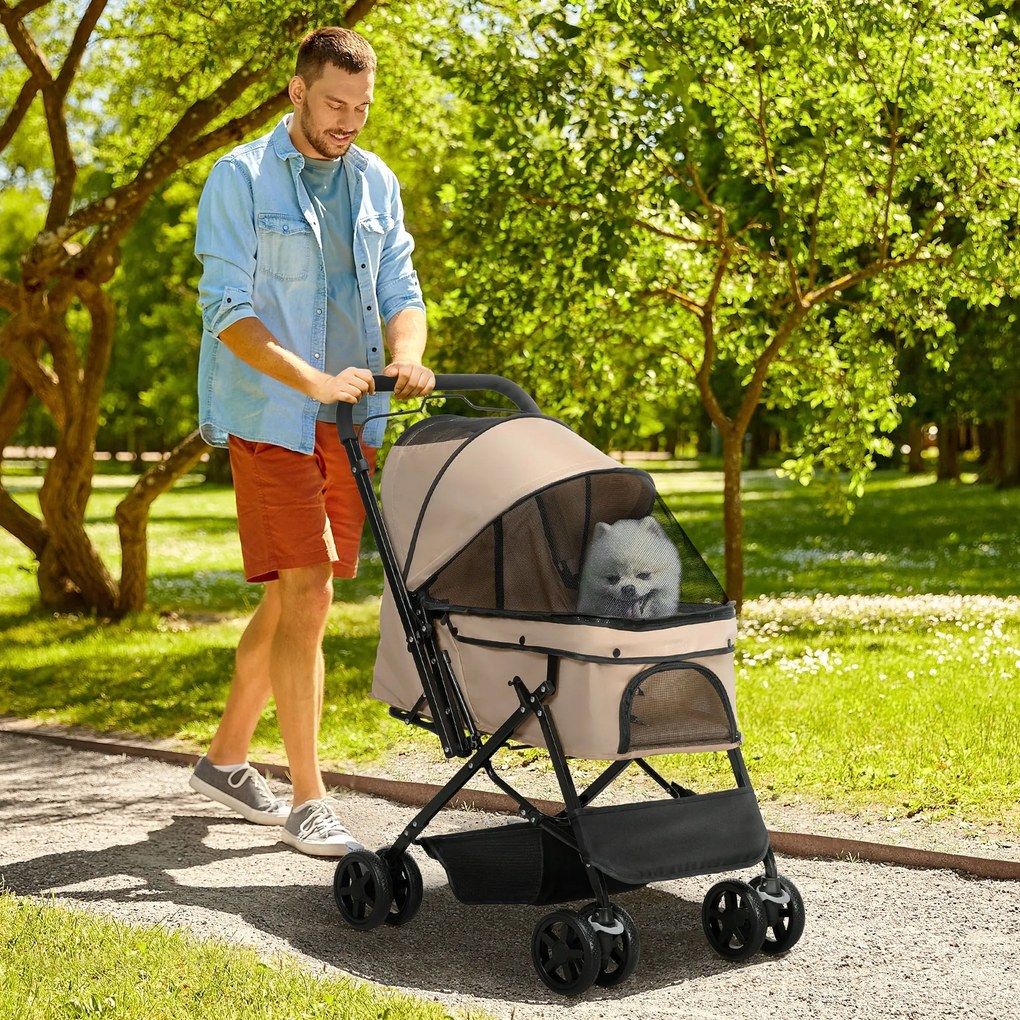 PawHut kočárek pro malé psy a kočky, kočárek pro domácí mazlíčky Oxford světle hnědý 76,5 x 52 x 95 cm, pohodlný a mobilní