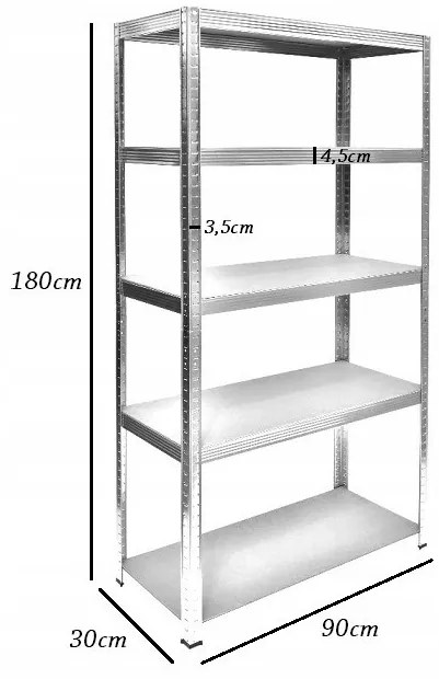 Stabilní kovový úložný regál s 5 policemi 180x90x30