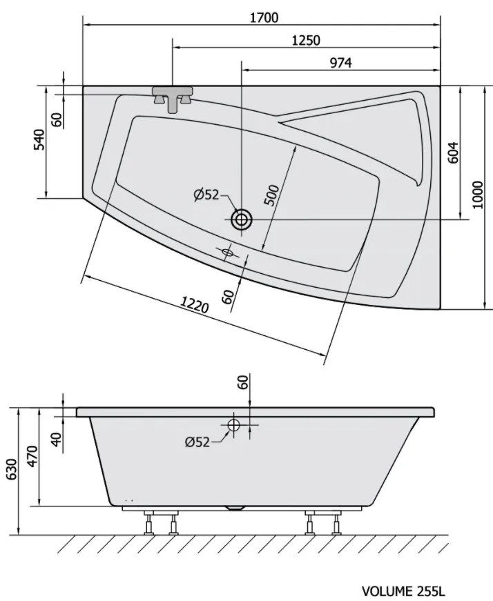 Polysan EVIA R asymetrická vana s konstrukcí 170x100x47cm, bílá, 22711