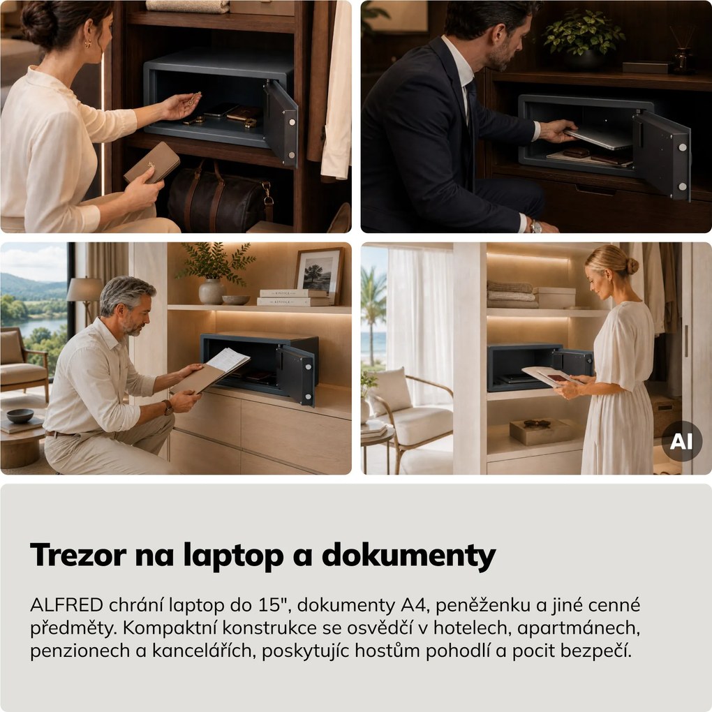 Hotelový trezor elektronický s kódovým zámkem, na notebook 15″ a dokumenty, 200 x420x370 mm: ALFRED
