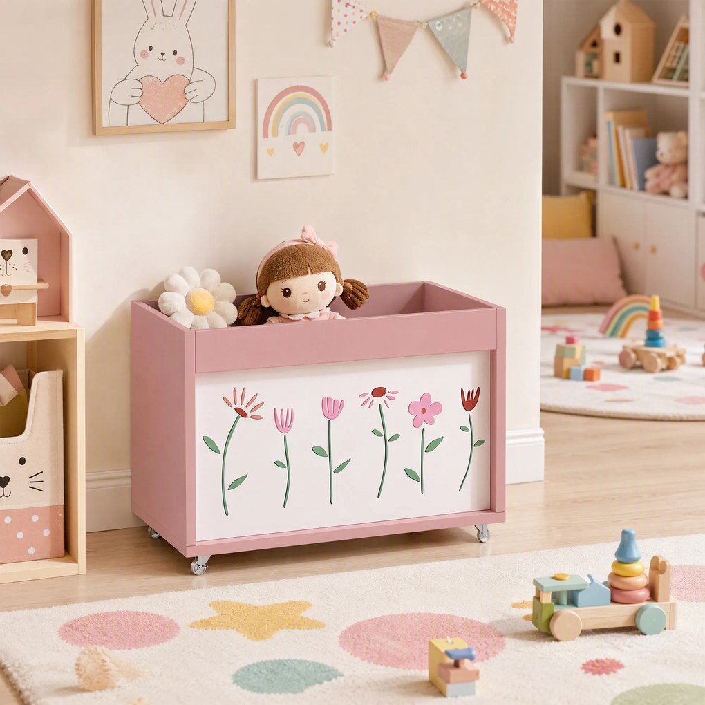 AIYAPLAY hrací box na hračky, úložný box s kolečky a brzdami, 34,5 l otevřený box na hračky s květinovým vzorem, 50 x 30 x 33,5 cm