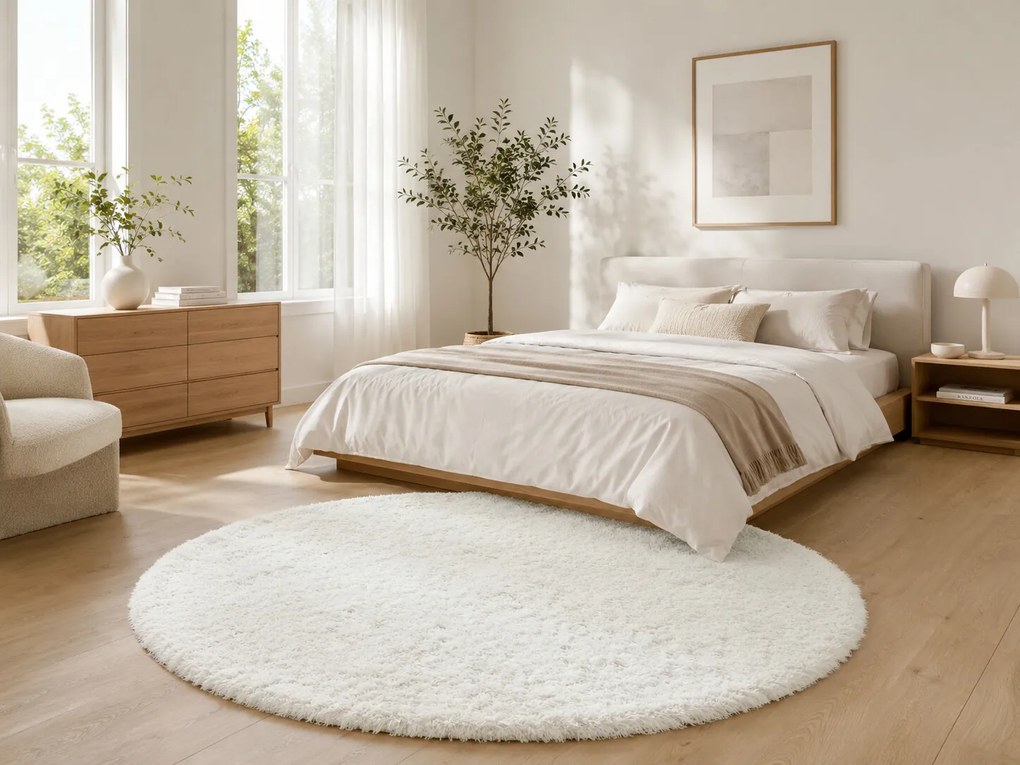 Ayyildiz, Kusový koberec Fluffy Shaggy 3500 white kruh, 160x160 (průměr) kruh, bílá, ložnice