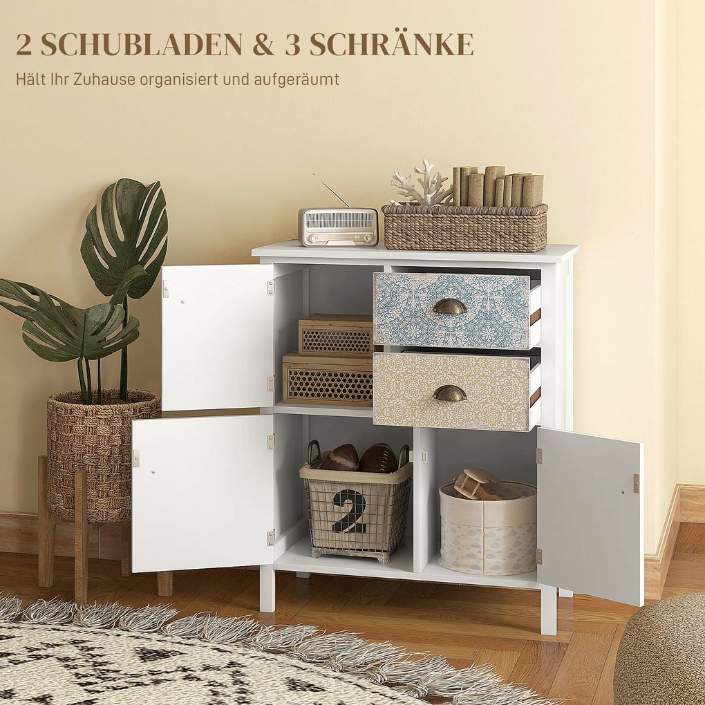 HOMCOM komoda úložná skříňka 2 zásuvky 3 přihrádky protiskluzová obývací pokoj ložnice bílá 68x34x80cm | Aosom
