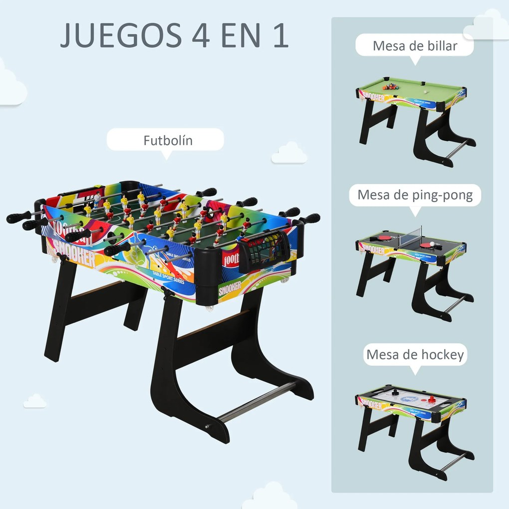 Skládací herní stůl HOMCOM 4v1 - Stolní fotbálek, Air Hockey, Pool, Ping Pong s příslušenstvím - 86,5x43,5x64 cm