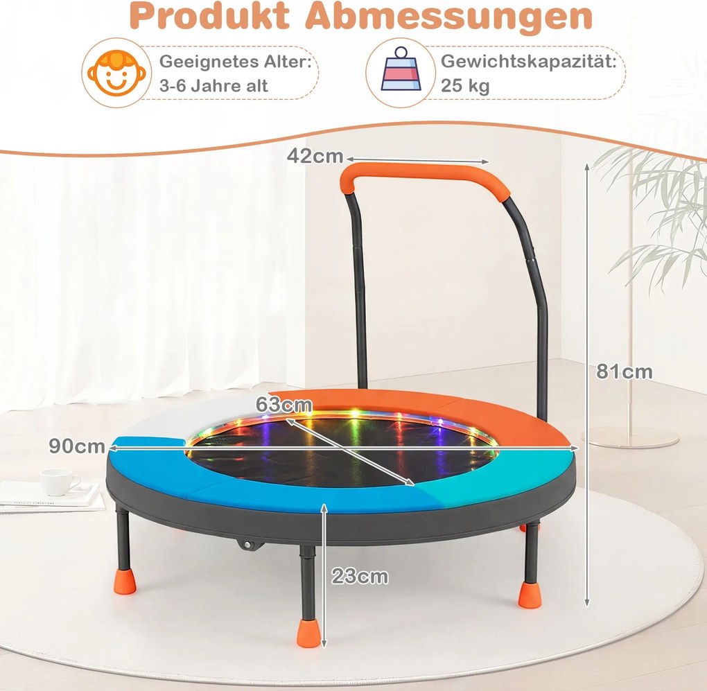 Costway Dětská trampolína Ø90 cm s LED osvětlením a madlem a taškou na přenášení
