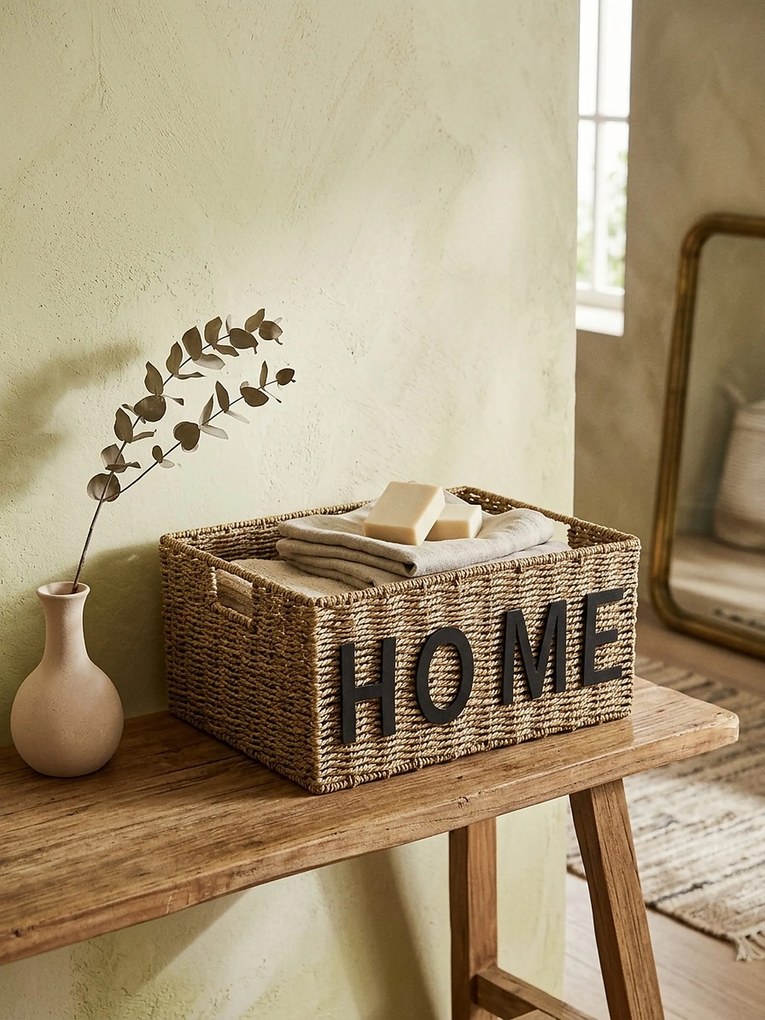 Sinsay - Pletený úložný koš s nápisem Home - béžová
