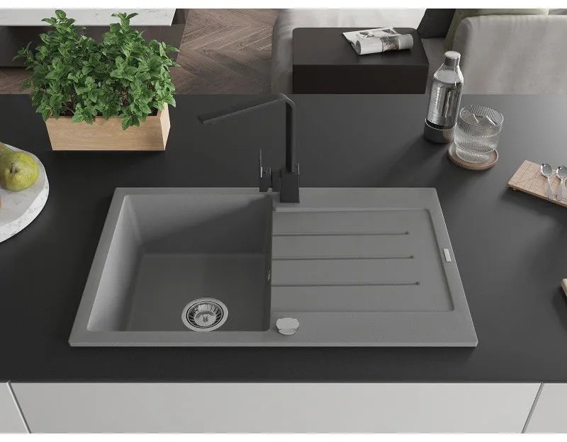 Mexen Bruno, dřez granitový 795x495x200 mm, 1-komorový, šedá s chromovým sifonem a černá dřezová baterie Rita, 6513-71-670300-70
