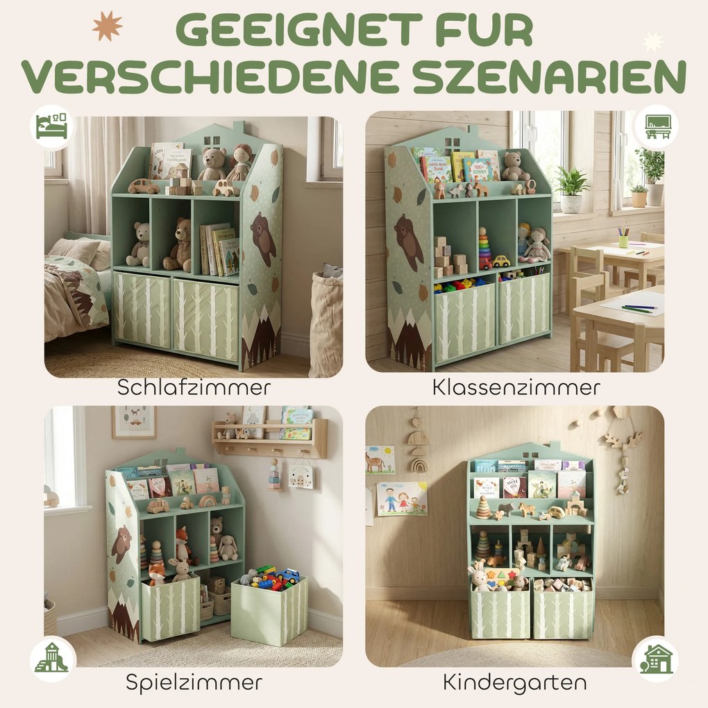 Dětský regál Dětský regál se 2 látkovými zásuvkami otevřený Regál pro 3-8 let 62,5x30x91,5 cm Zelený