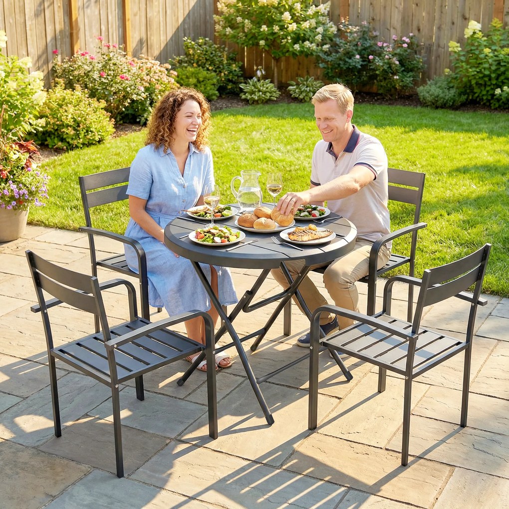 Zahradní stůl Outsunny pro 4 osoby, kulatý skládací stůl Ø80 cm, zahradní jídelní stůl ve vzhledu dřeva, tmavě šedý, ideální na balkon a terasu