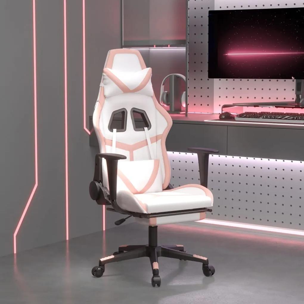 Herní židle s podnožkou bílá a růžová umělá kůže,  3143684