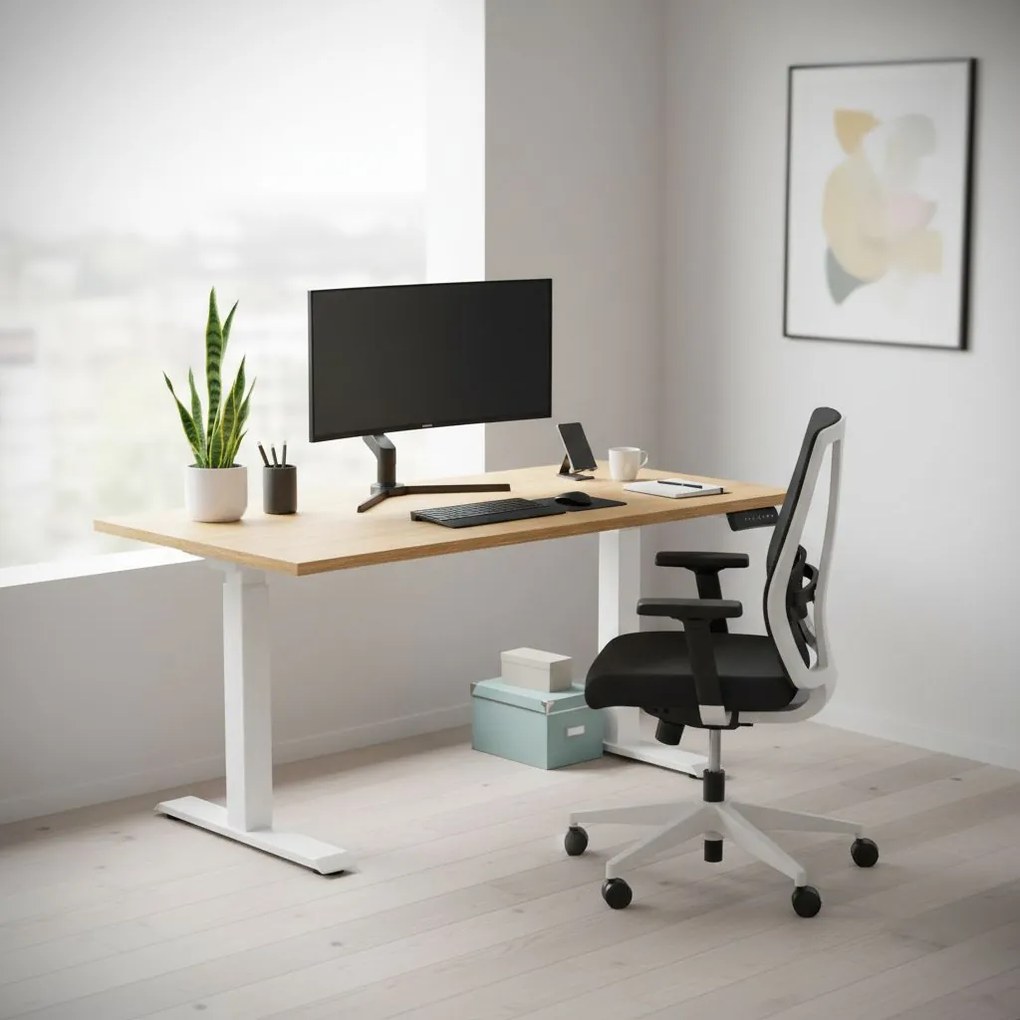 Výškově nastavitelný stůl OfficeTech D, 120 x 80 cm, bílá podnož, dub zlatý