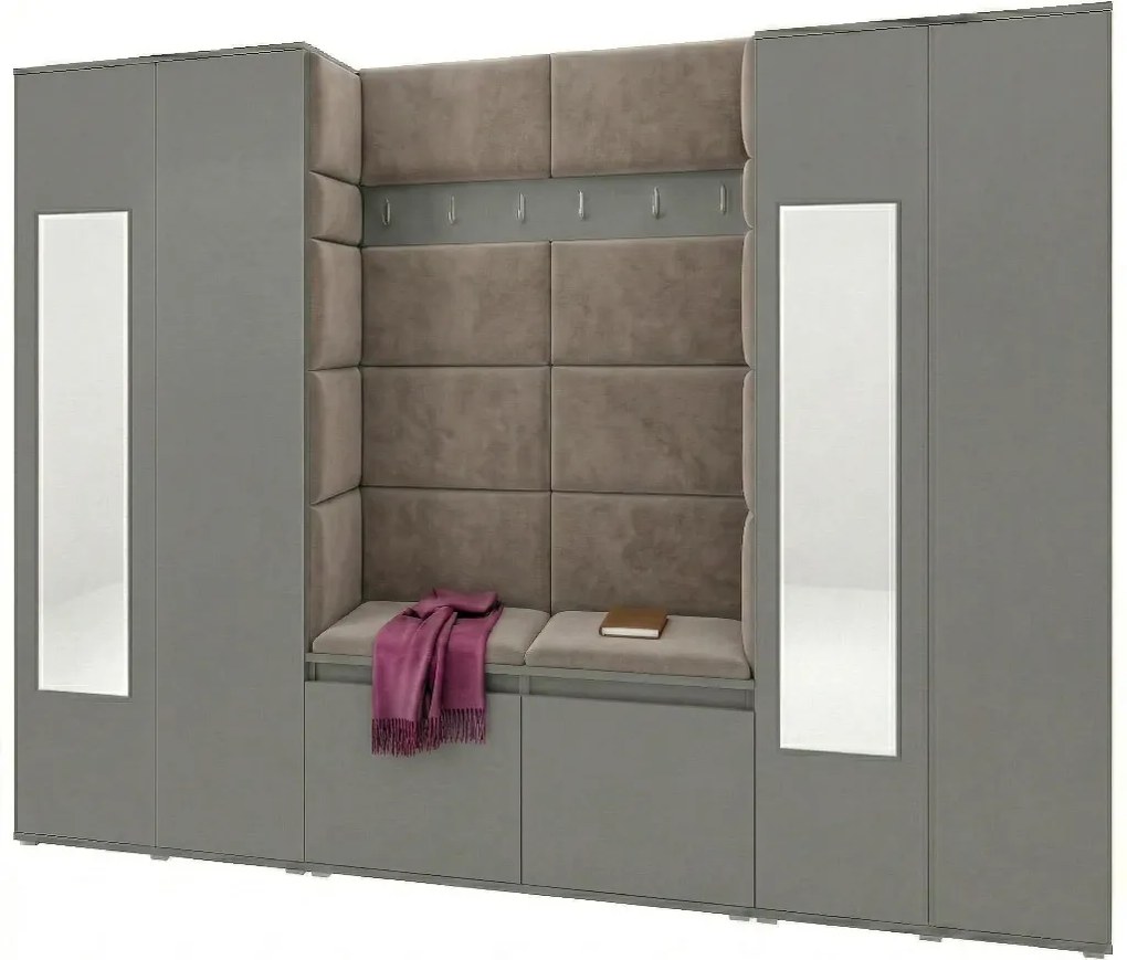 Předsíňová stěna Trinity 10 s čalouněnými panely, 280 cm, grafit/ světle béžová