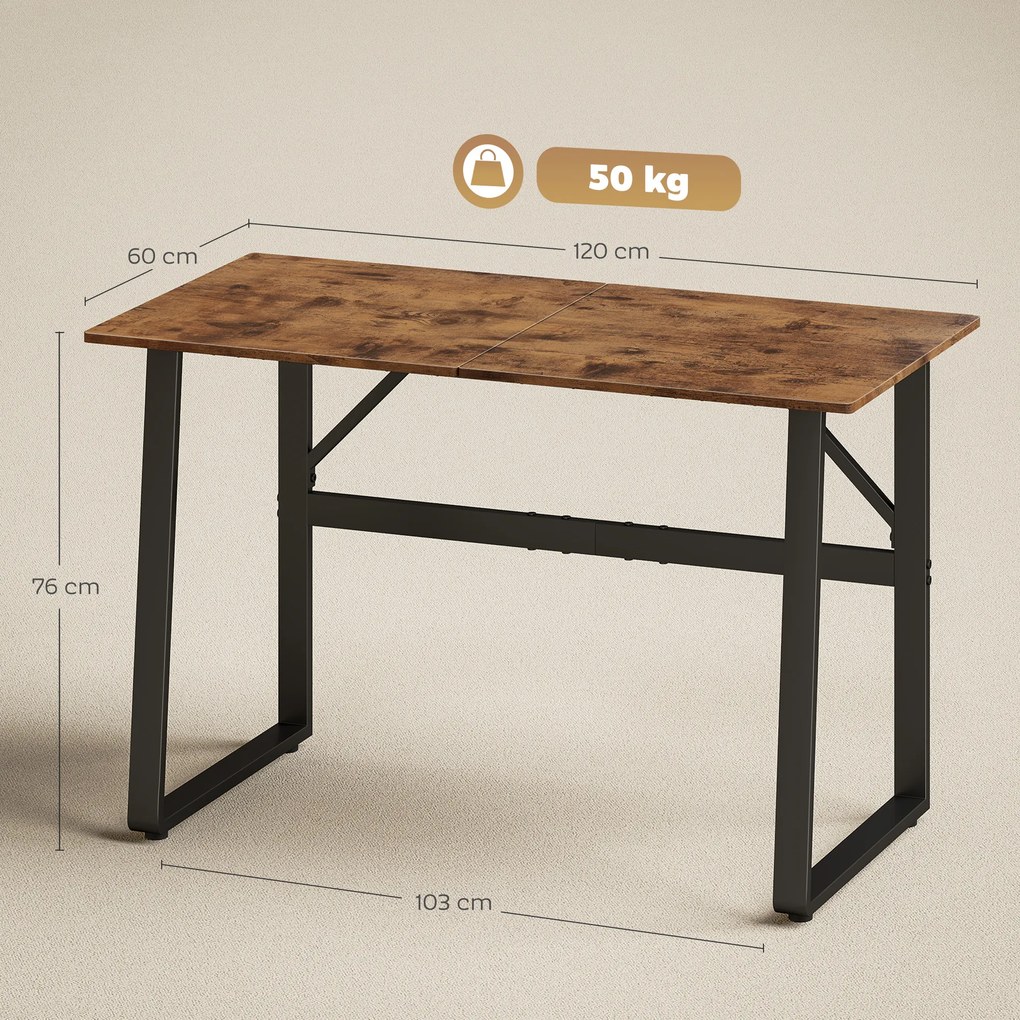 HOMCOM Psací stůl, počítačový stůl s ocelovým rámem, kancelářský stůl PC stůl 120x60x76 cm rustikálně hnědá + černá