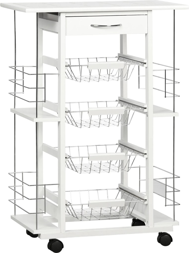 HOMCOM Kuchařský vozík na kolečkách s dlažkou a zásuvkou, 4 kovové košíky a 4 boční stojany na kořenky pro jídelnu, 57x37x83 cm Bílý