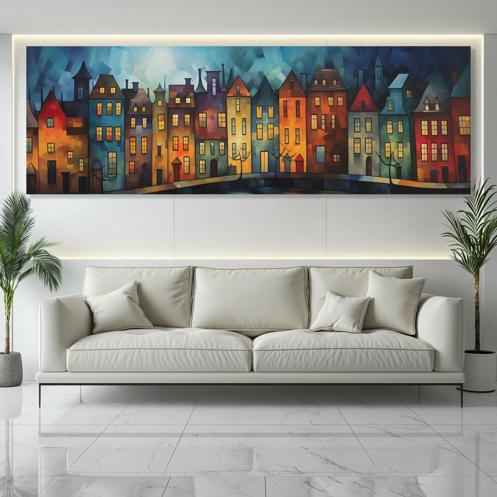 Obraz na plátně - Ulice v Lienes se svítícími domy FeelHappy.cz Velikost obrazu: 120 x 40 cm