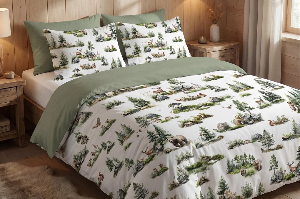 Bavlněné prodloužené povlečení Zvířátka v divočině lesní zelené - duo Velikost: 140 x 220 + 70 x 90