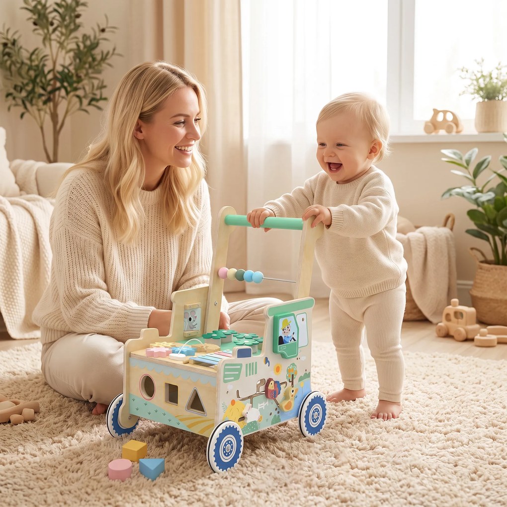 AIYAPLAY Dětský chodítko, chodítko s kolečky, stavebními kostkami, úložným prostorem, Montessori aktivní centrum pro děti od 1 do 3 let, zelené