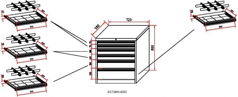 Dílenská zásuvková skříň na nářadí G345, 6 zásuvek, 723 x 580 x 800 mm