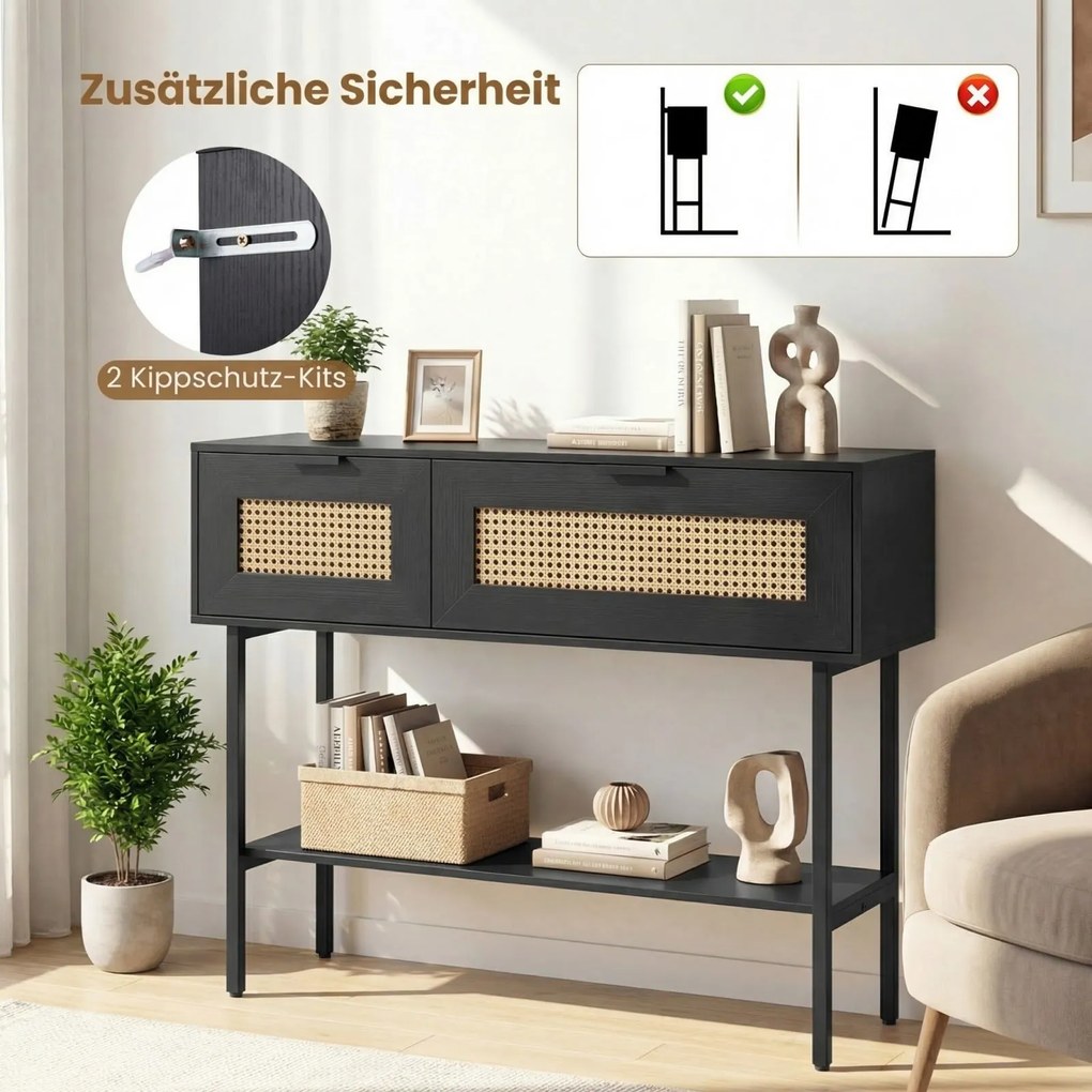 Costway Boho console table with 2 compartments a open shelf. Narrow hallway