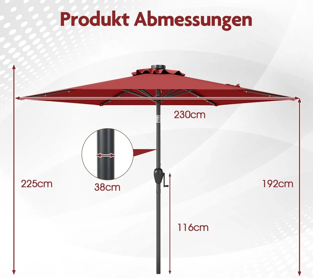 Costway Slunečník 230 cm s LED solárním osvětlením a klikou