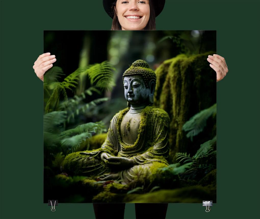 Plakát - Mechová buddhova socha v lese FeelHappy.cz Velikost plakátu: 100 x 100 cm