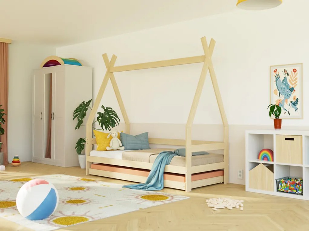 Benlemi Dětská dřevěná postel SAFE 5v1 ve tvaru teepee se zábranou a přistýlkou Zvolte barvu: Námořnická modrá, Zvolte rozměr: 90x180 cm, Zvolte zábranu: S otevřeným vstupem