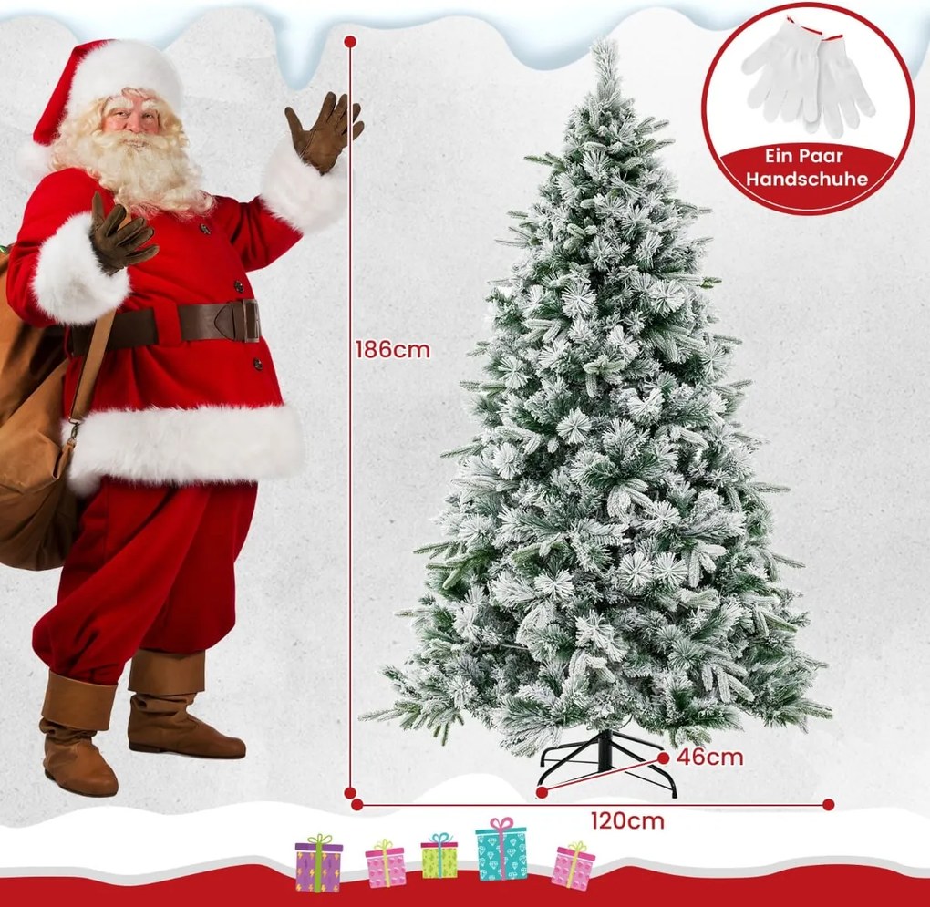 Costway 180 cm Umělý vánoční stromeček se sněhem a 250 Teplá bílá LED svítí