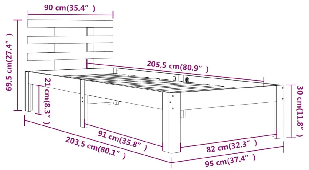 Rám postele medově hnědý masivní dřevo 90 x 200 cm