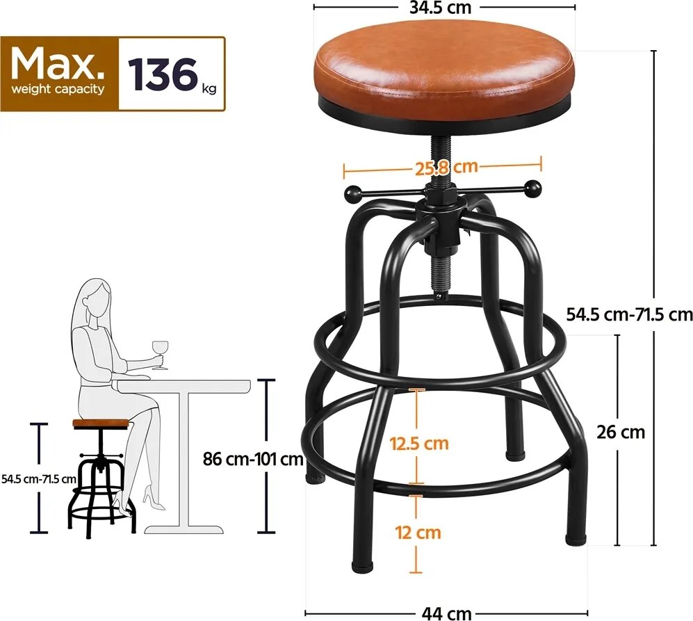 Barová židle Yaheetech – světle hnědá, 44 cm (délka) × 44 cm (šířka) × 54,5 cm – 71,5 cm (výška) (256244013357)