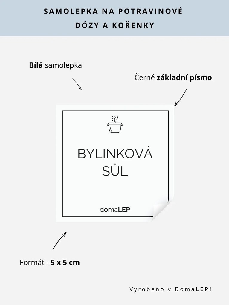 BYLINKOVÁ SŮL – bílá samolepka na dózu, základní písmo, 5 x 5 cm | DomaLEP
