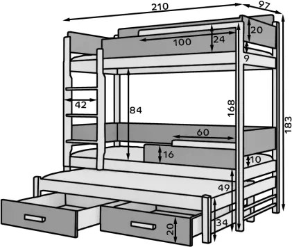 Patrová třílůžková postel QUEEN 200x90 bílá – artisan (210 x 97) cm