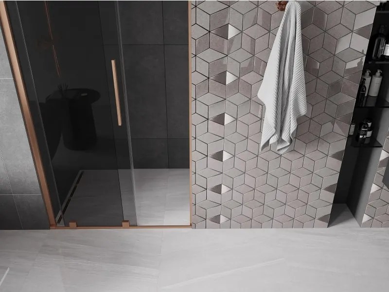 Mexen Velar, posuvné sprchové dveře do otvoru 110 cm, 8mm šedé sklo, měděná matná, 871-110-000-41-65