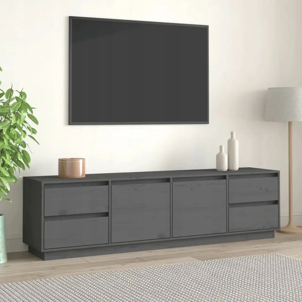 Tv Skříňka Šedá 176X37X47,5 Cm Masivní Borové Dřevo Šedá