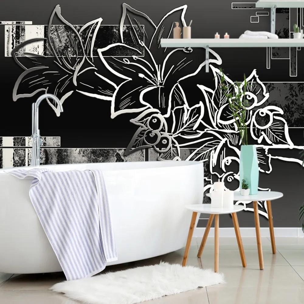 Samolepící tapeta černobílá květinová ilustrace - 150x100 cm