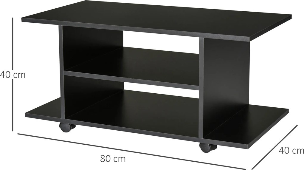 HOMCOM TV stolek, TV jednotka s policemi a uzamykatelnými kolečky, melaminový povrch 80x40x40 cm černá
