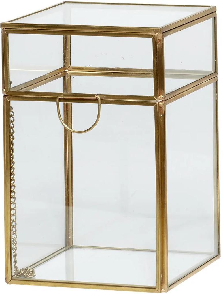 Hübsch Skleněný box Brass Small, zlatá barva, sklo, kov