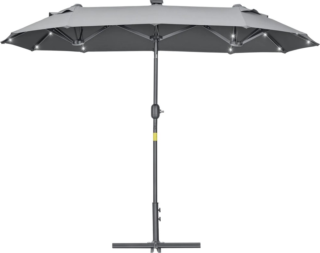 Outsunny Dvojitý slunečník 295x150x219 cm s LED solárními světly, nastavitelné sklopení a manuální klička pro terasu, bazén a pláž, šedý | Aosom